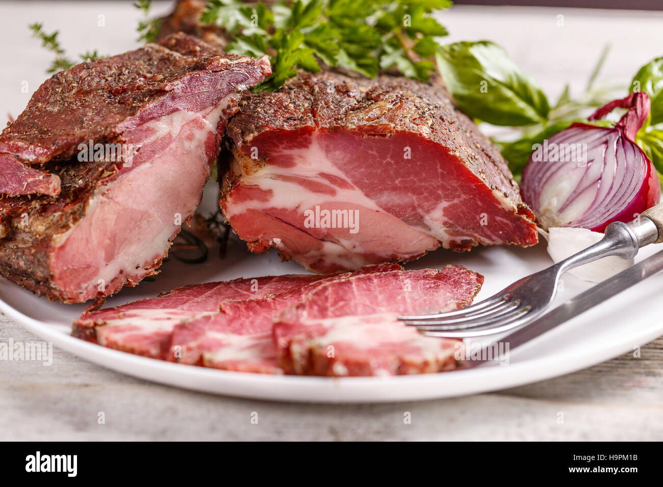 Sliced smoked pork meat Stock Photo - Alamy