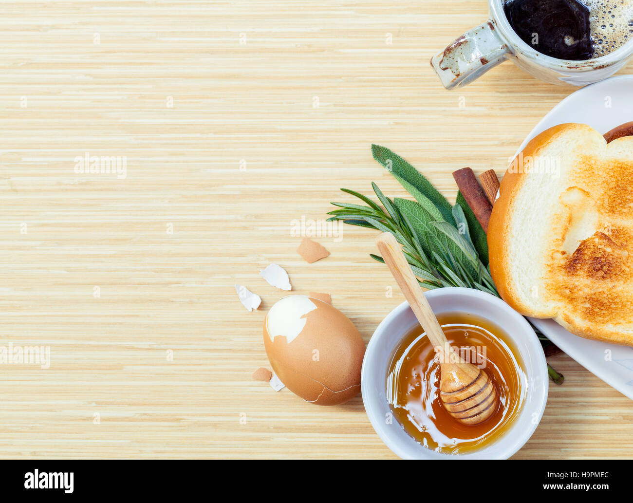 Healthy breakfast toasts and herb on wooden table with copy spac Stock ...