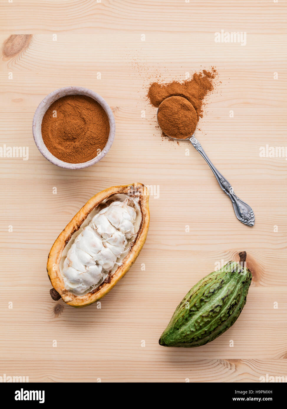 Ripe Indonesia's cocoa setup on rustic wooden background Stock Photo ...