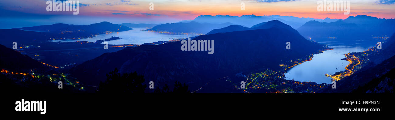 Bay of Kotor at Night. High Resolution Panorama of Boka-Kotorska bay ...