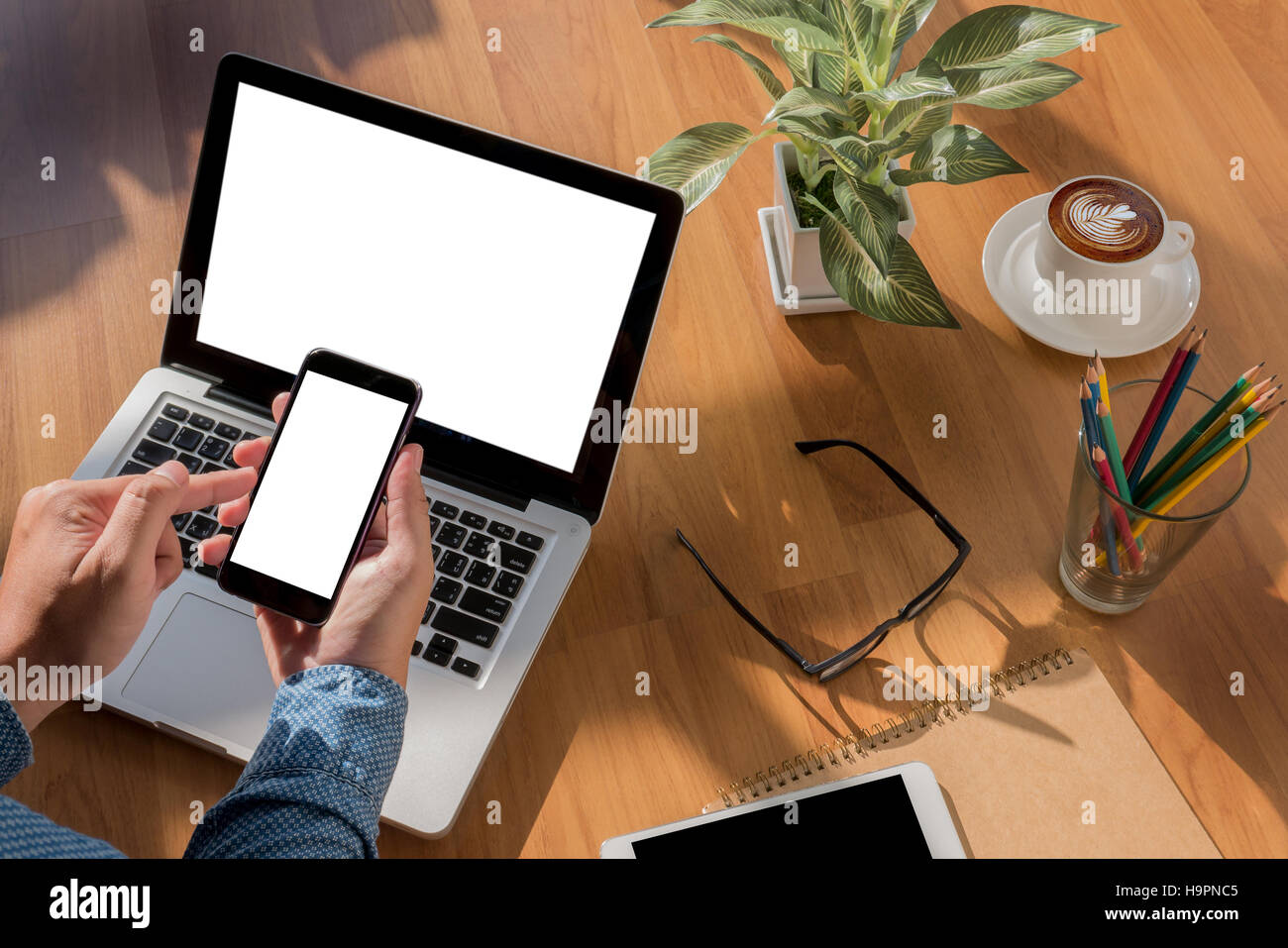 Freelance desktop with accessories Stock Photo - Alamy