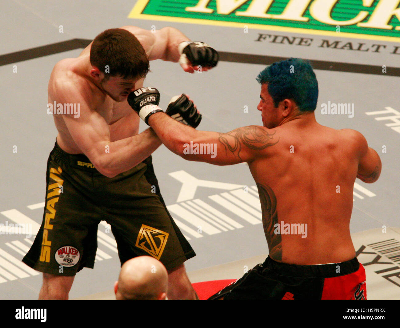 Dustin Hazelett, left, fights Diego Saraieva at the Ultimate Fighting ...