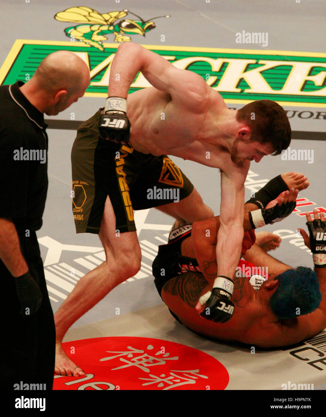 Dustin Hazelett, left, fights Diego Saraieva at the Ultimate Fighting ...