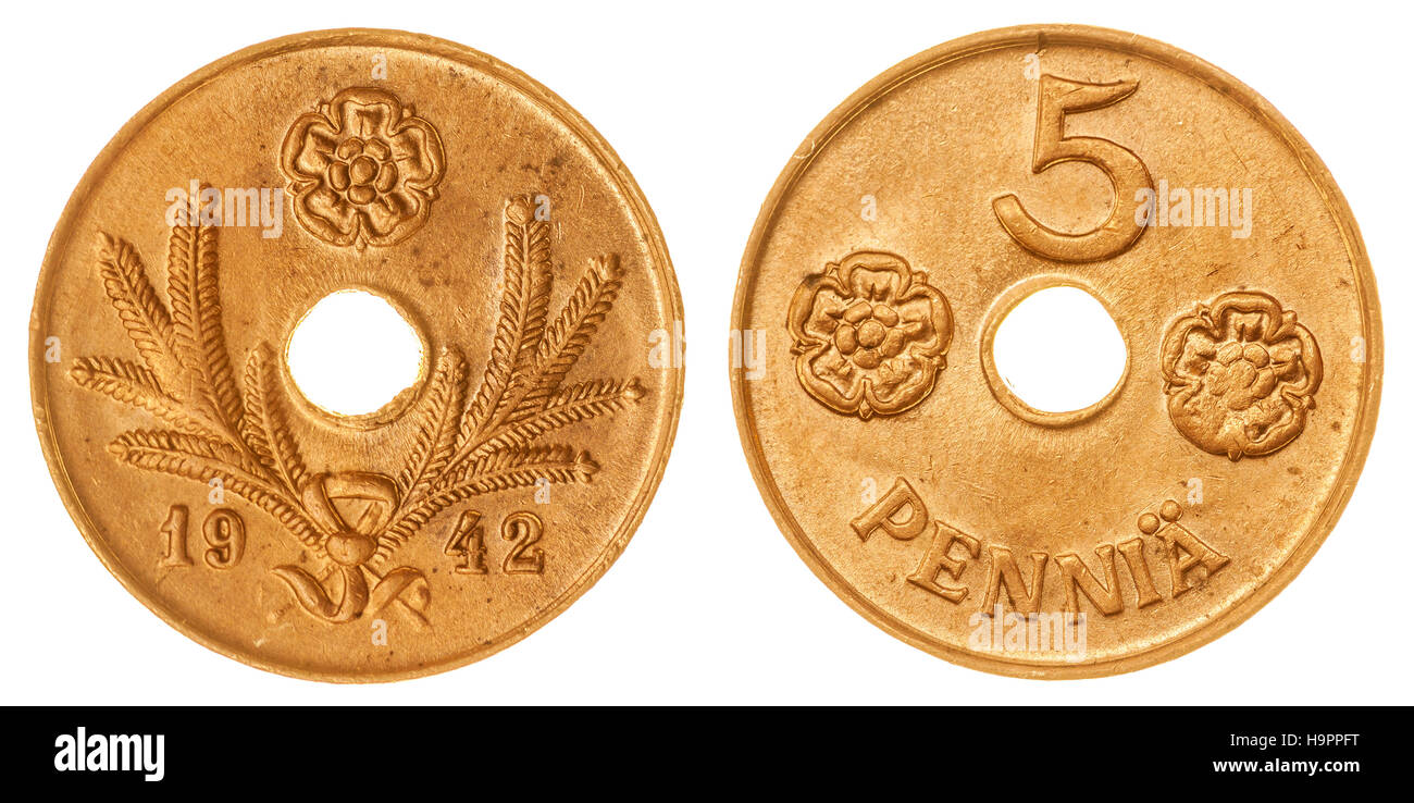Copper 5 pennia 1942 coin isolated on white background, Finland Stock ...