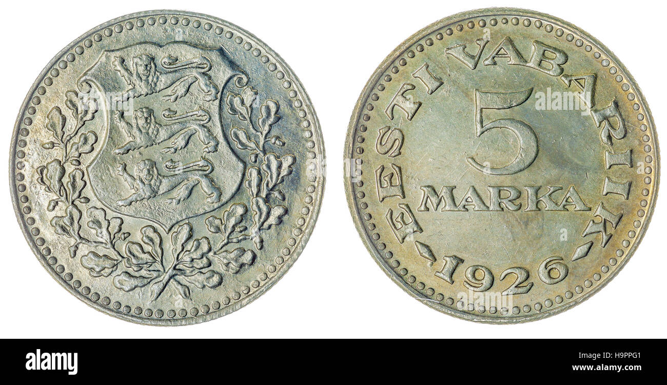 Nickel-Bronze 5 marka 1926 coin isolated on white background, Estonia ...