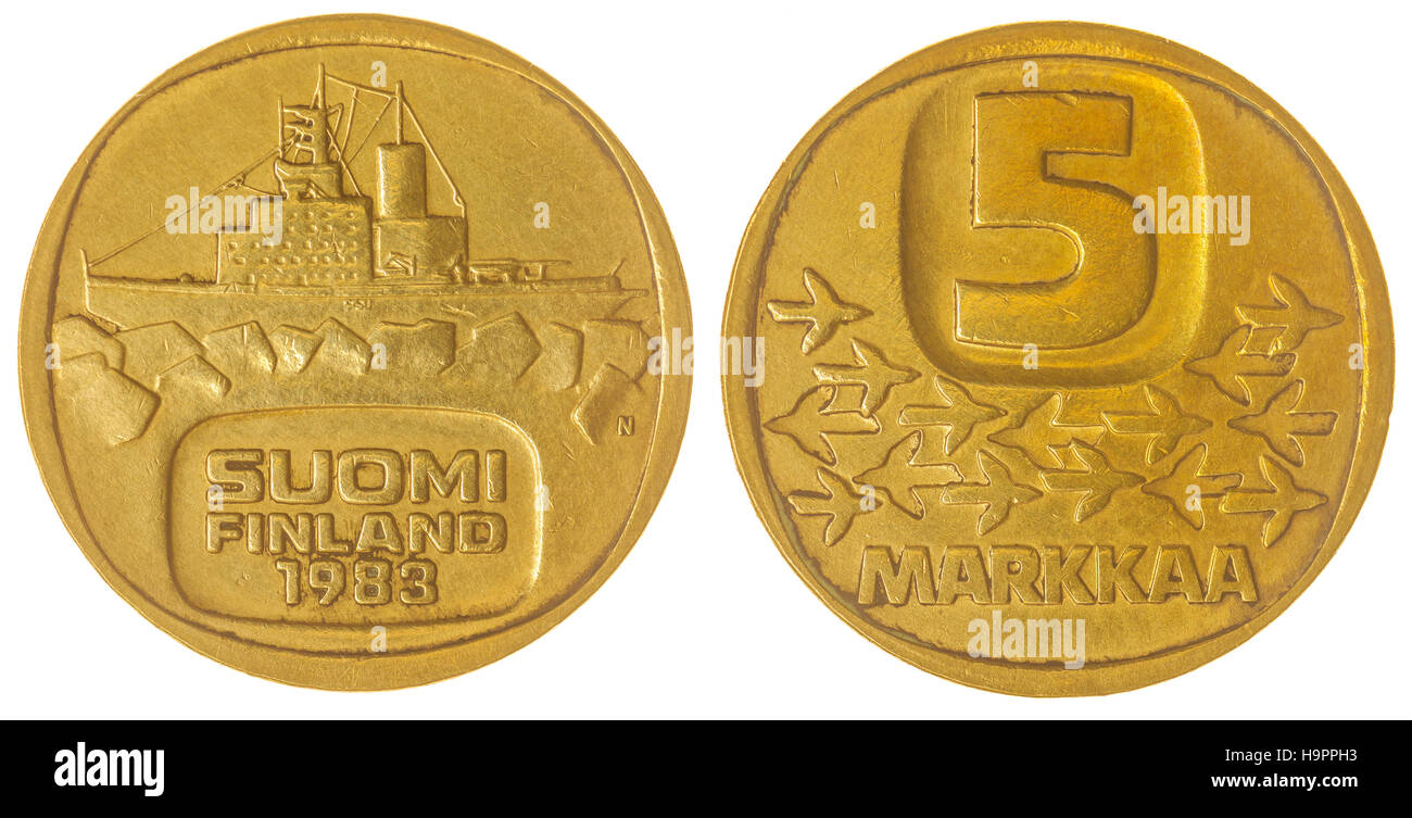 Aluminium-bronze 5 markkaa 1983 coin isolated on white background ...