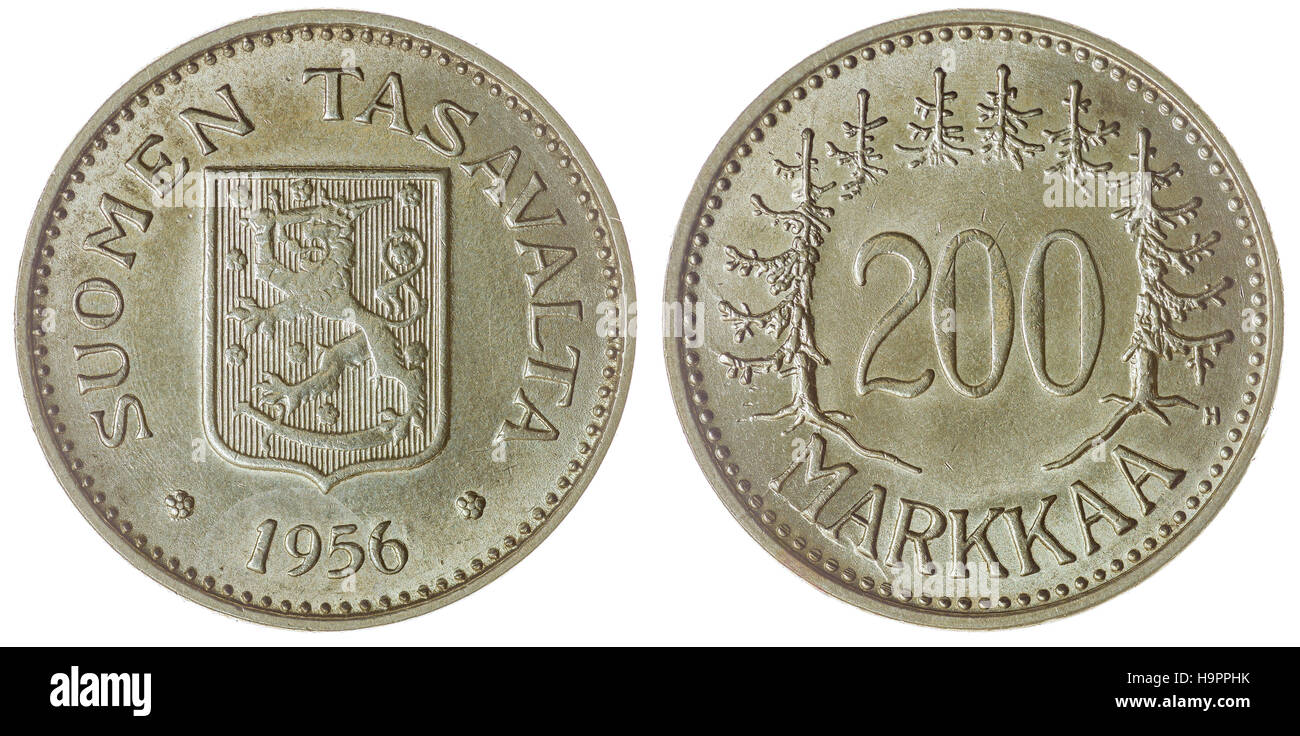 Silver 200 markkaa 1956 coin isolated on white background, Finland ...