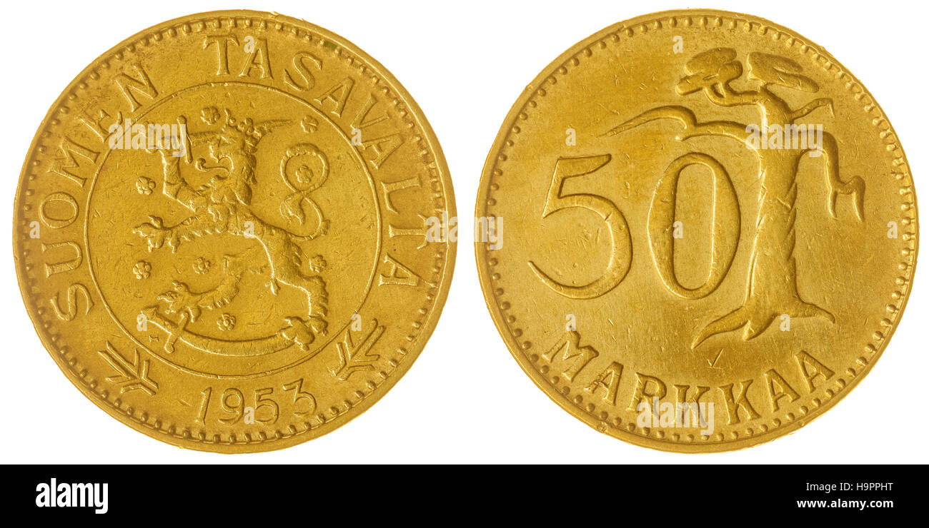 Aluminium-bronze 50 markkaa 1953 coin isolated on white background ...