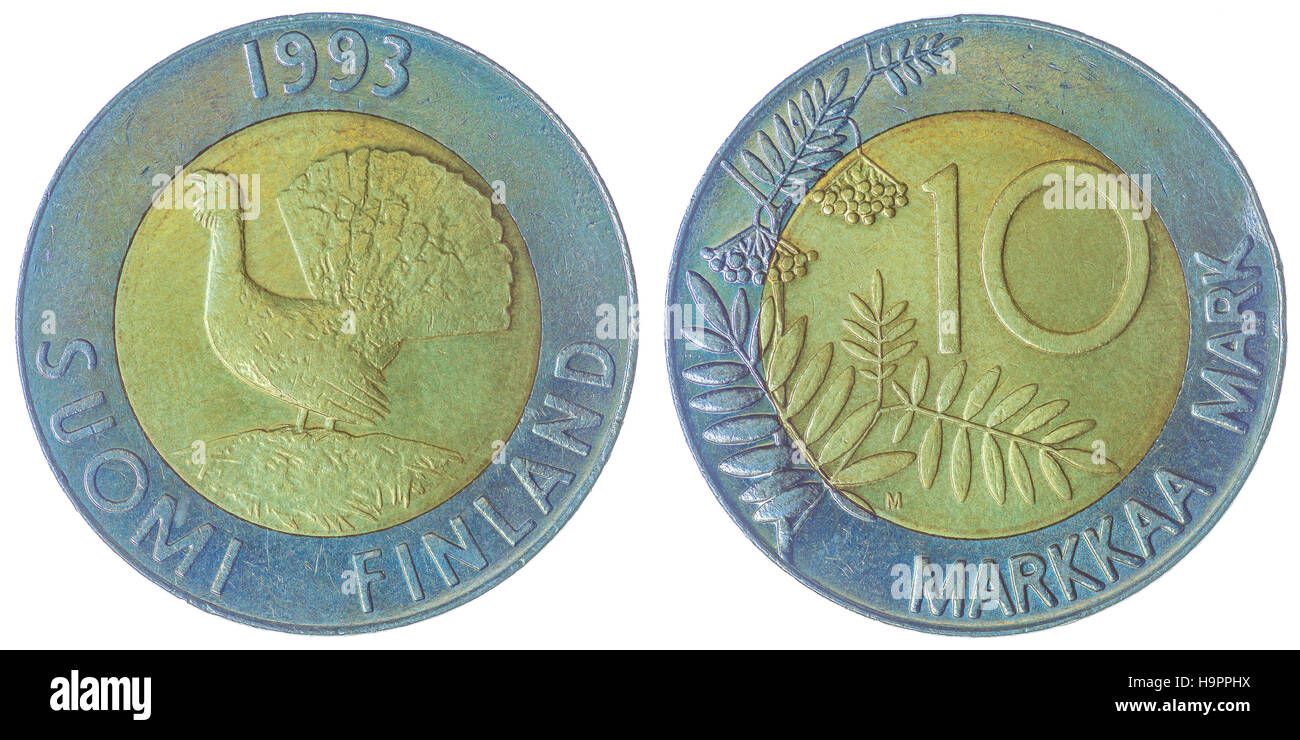 Bi-metallic 10 markkaa 1993 coin isolated on white background, Finland ...