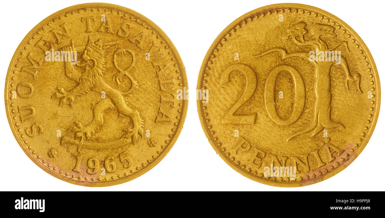 Aluminium-bronze 20 pennia 1965 coin isolated on white background ...