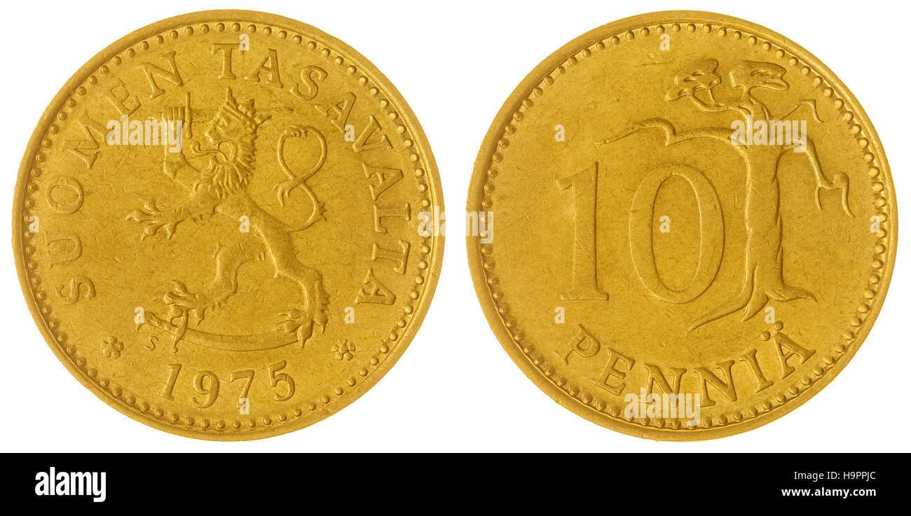 Aluminium-bronze 10 pennia 1975 coin isolated on white background ...