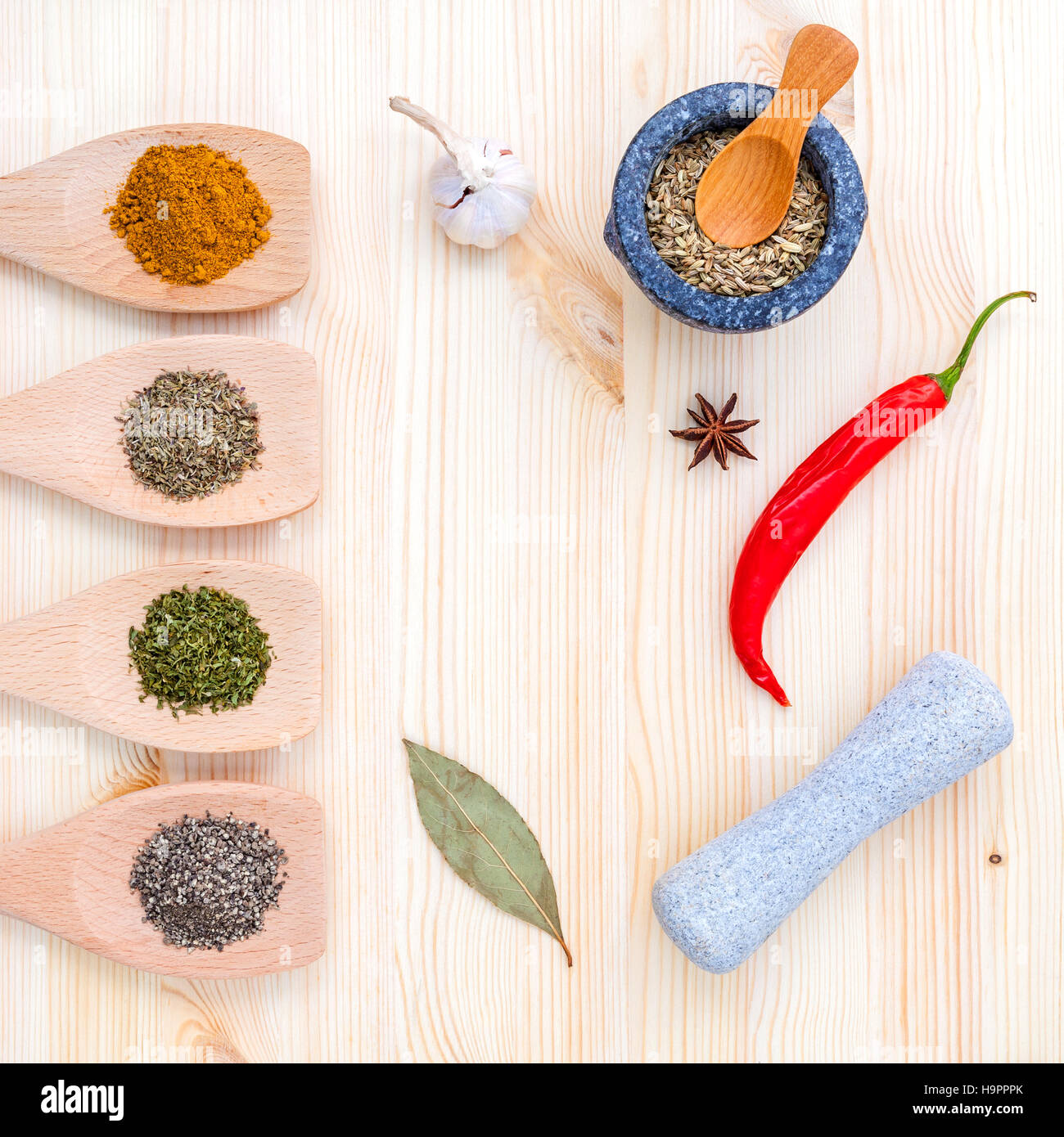 Food Cooking ingredients. Dried Spices herb bay leaves,turmeric Stock ...