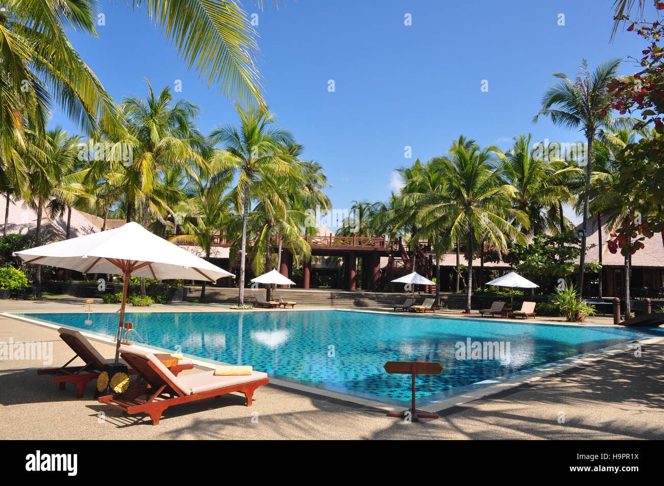 Beautiful beach resort with big pool on Ngwesaung beach, Gulf of Bengal ...