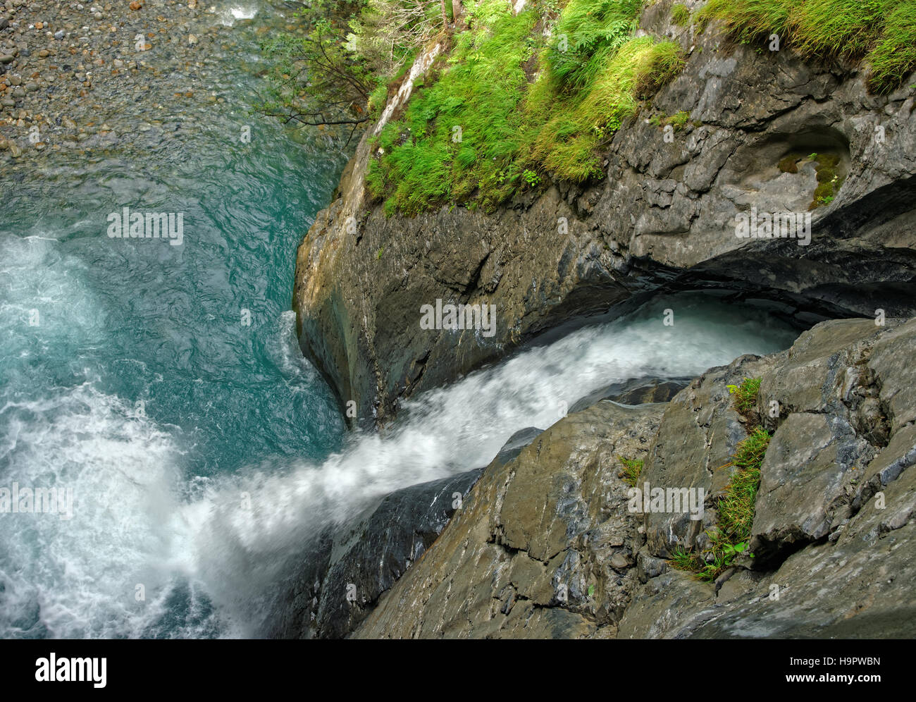 Trummelbach falls, waterfall in the mountain in Lauterbrunnen valley ...
