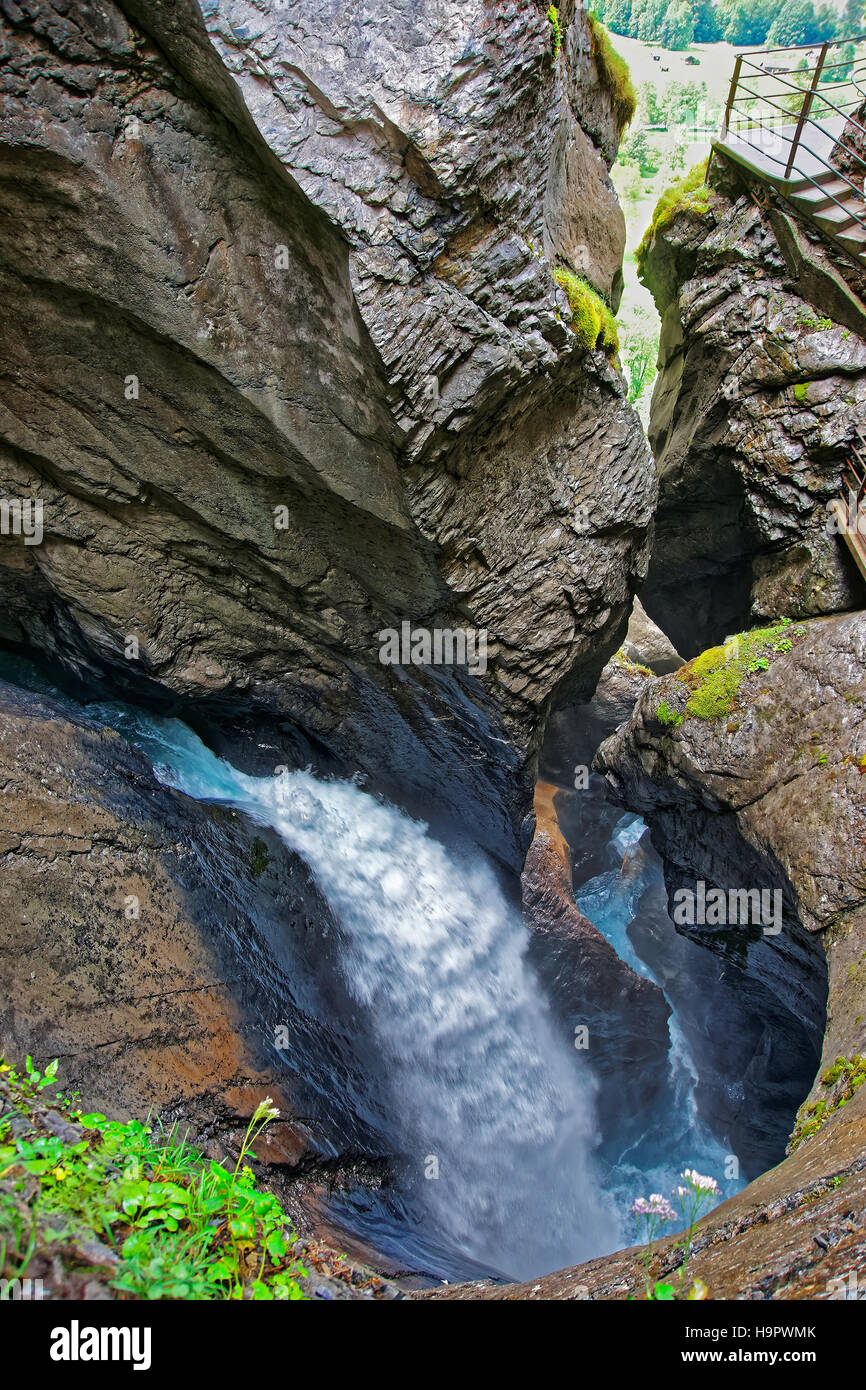 Trummelbach falls, waterfall in the mountain of Lauterbrunnen valley ...