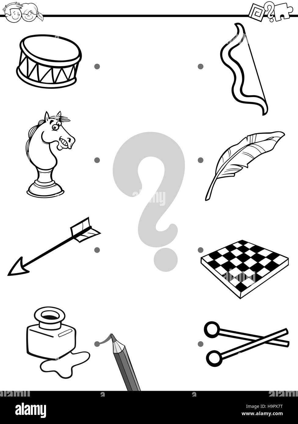 Black and White Cartoon Illustration of Education Element Matching Game ...