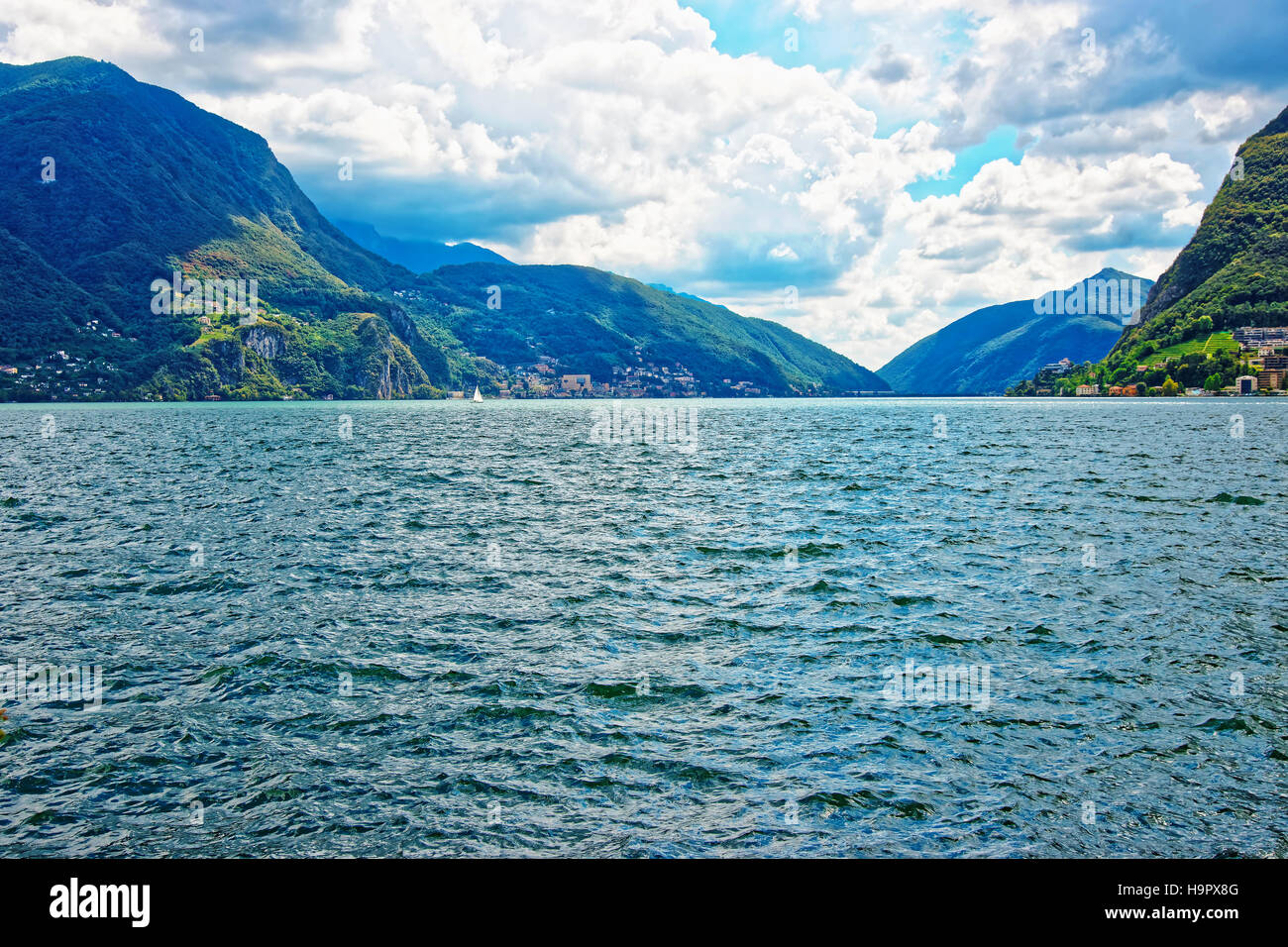Nature of Lake Lugano and mountains in Lugano in Ticino canton in ...
