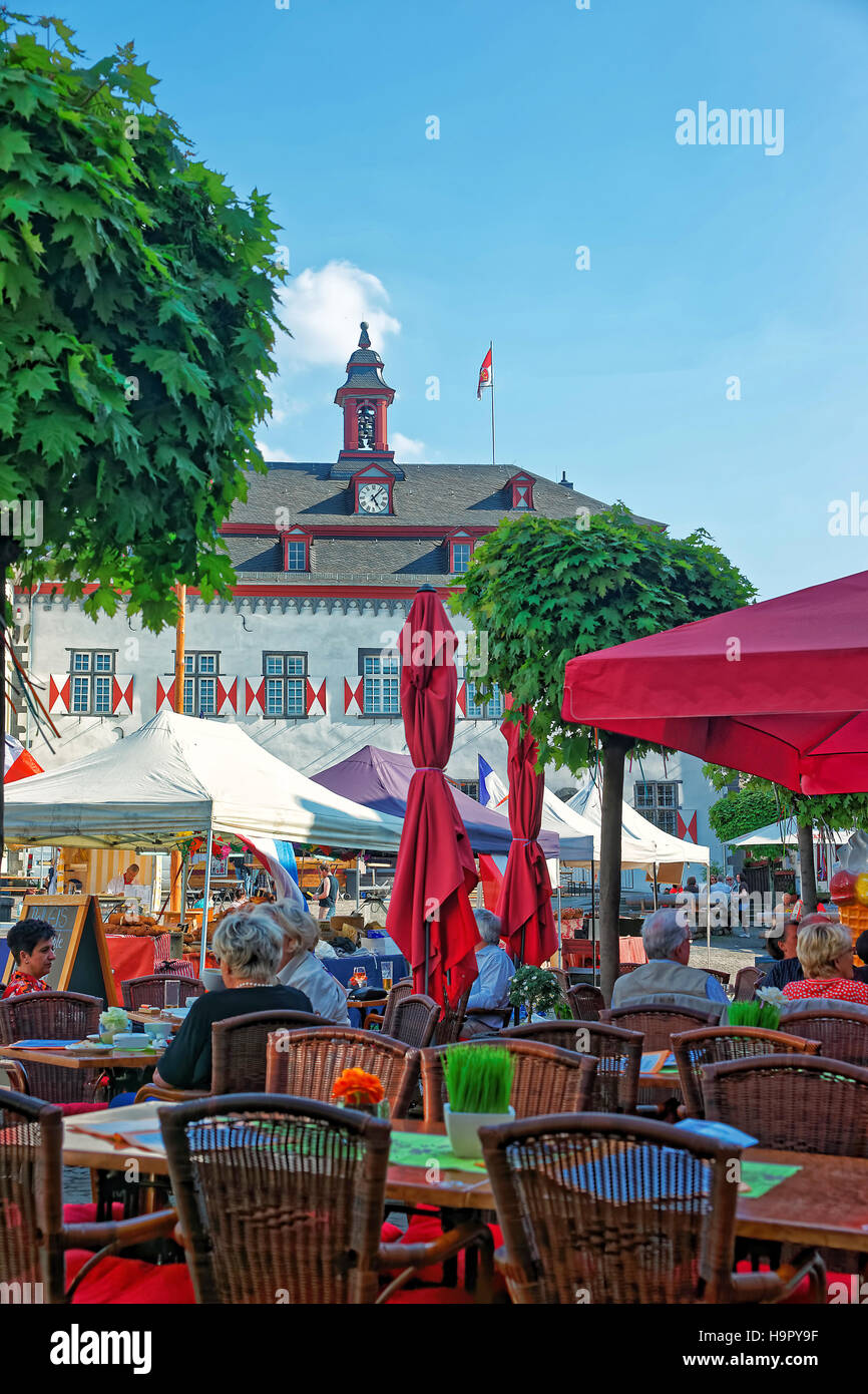 Linz am Rhein, Germany - May 4, 2013: City Hall and the Street market ...