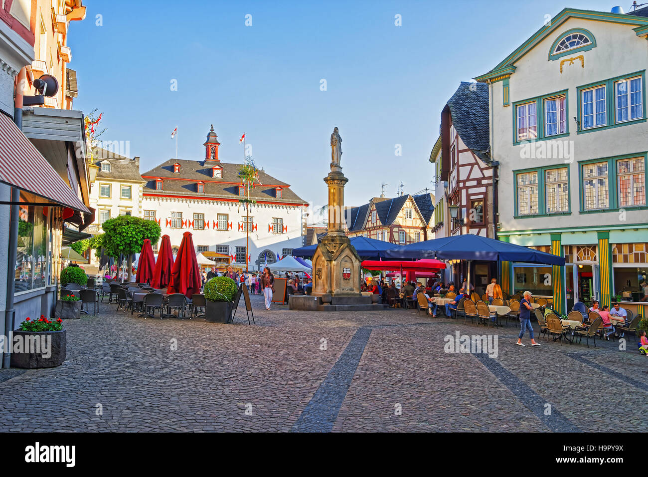 Linz am Rhein, Germany - May 4, 2013: City Hall and the Street market ...