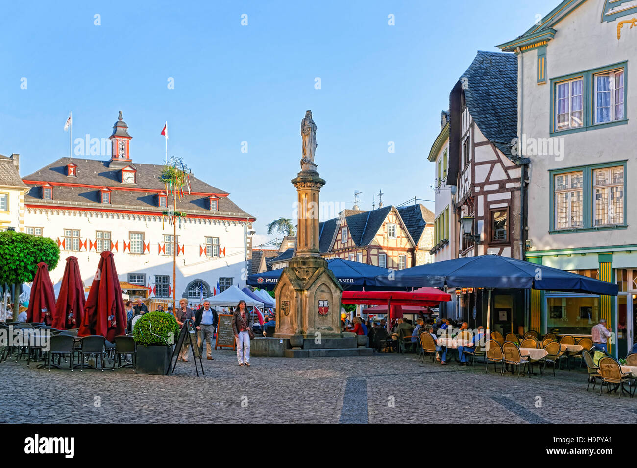 Linz am Rhein, Germany - May 4, 2013: City Hall and the Street market ...