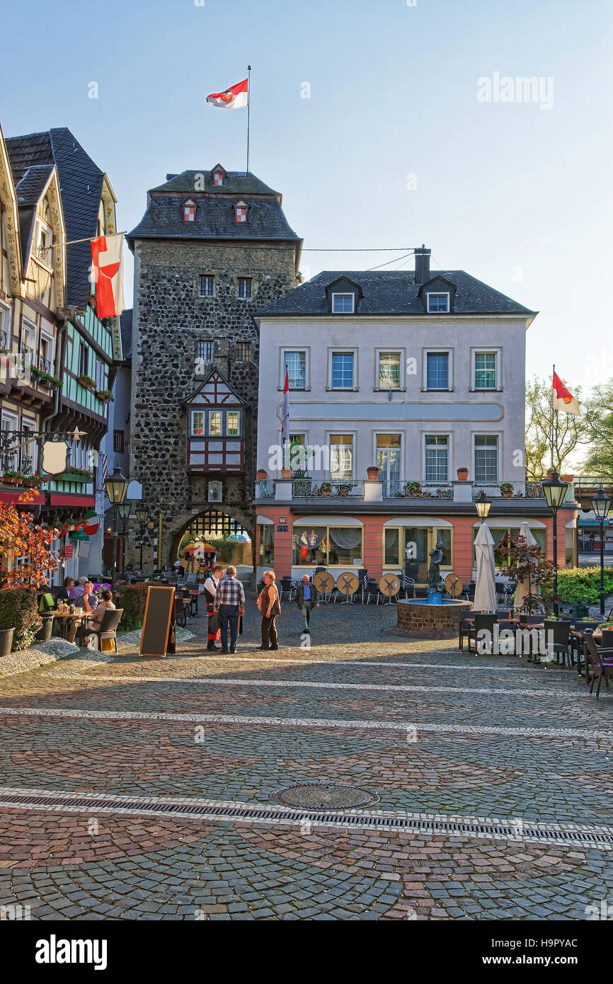 Linz am Rhein, Germany - May 4, 2013: City tower and the Street market ...