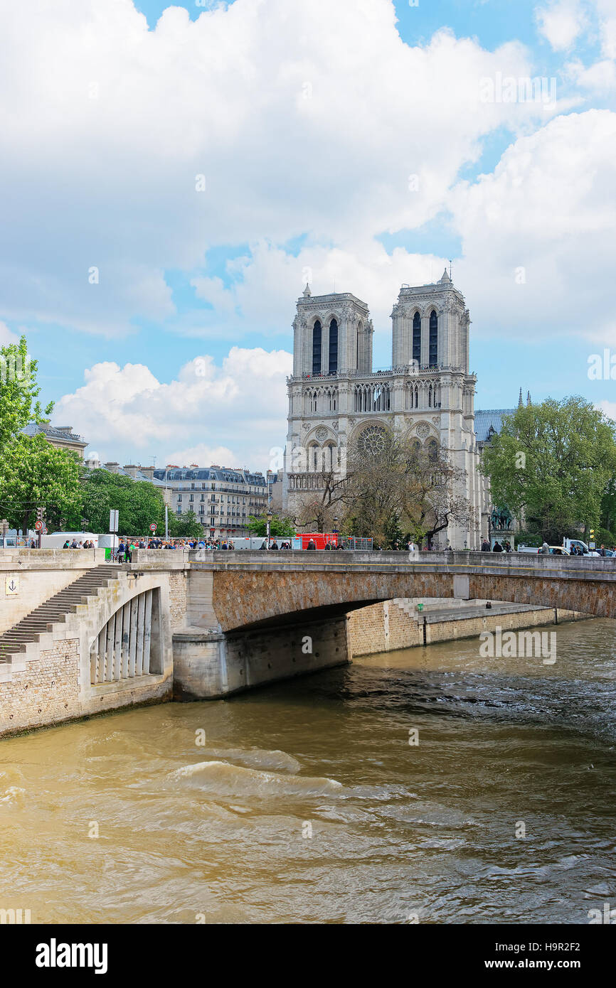 Paris, France - May 3, 2012: Notre Dame de Paris Cathedral, bridge and ...