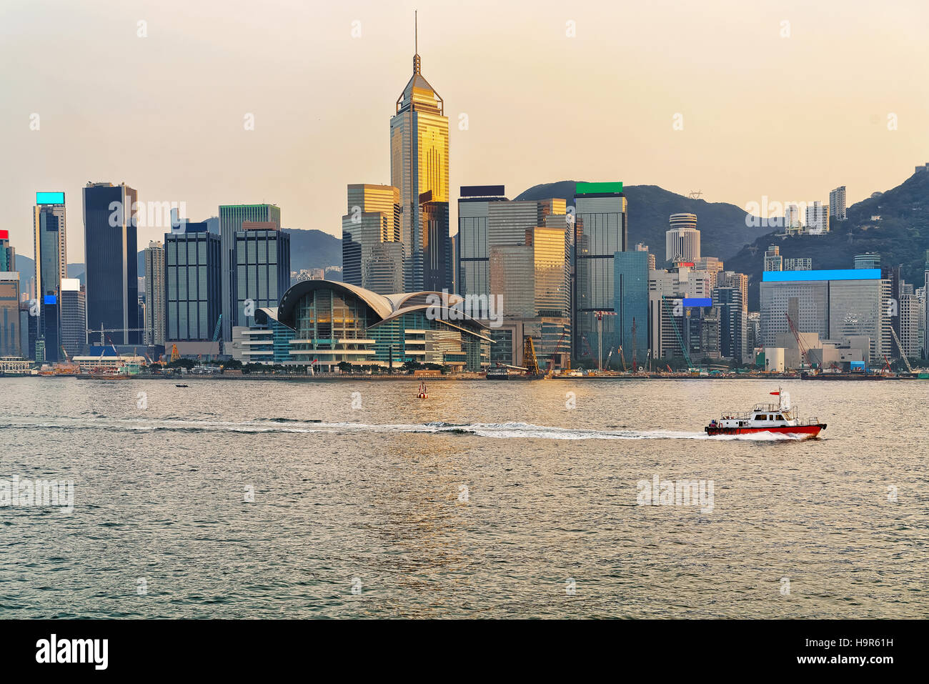 Water boat and Victoria Harbor in Hong Kong. View from Kowloon on HK Island Stock Photo - Alamy