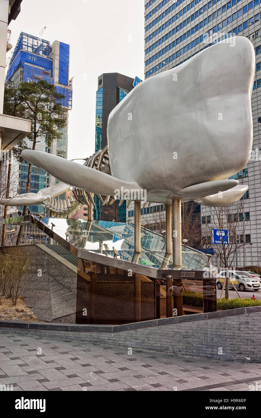 Seoul, South Korea - March 14, 2016: Fish frame sculpture in Myeongdong ...