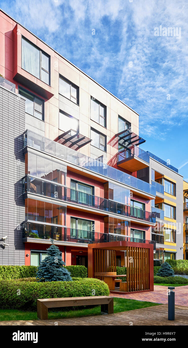 Modern complex of apartment residential buildings. Benches and outdoor ...