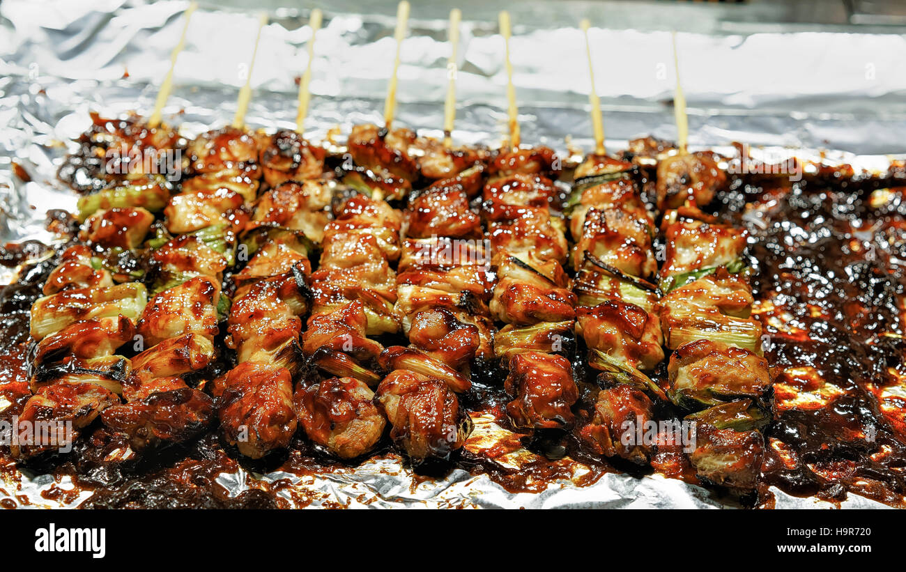 Fried meat and vegetables at Myeongdong open street market in Seoul ...