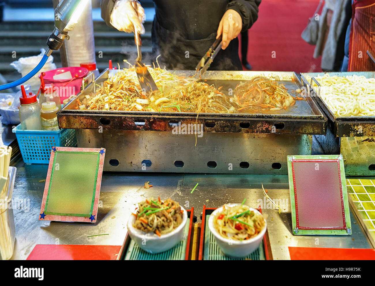 Stall with noodle at Myeongdong open street market in Seoul, South ...