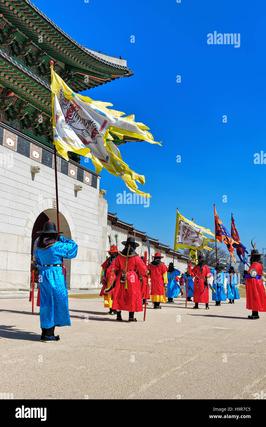 Seoul, South Korea - March 11, 2016: Royal guards while the changing of ...