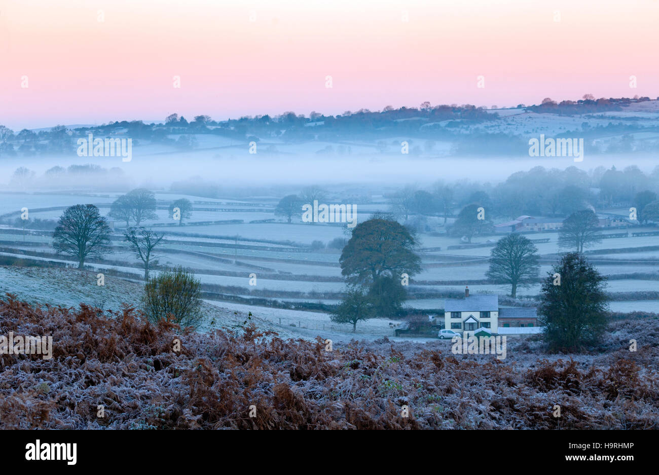 A farm house in the village of Rhes-y-Cae surrounded by morning frost ...
