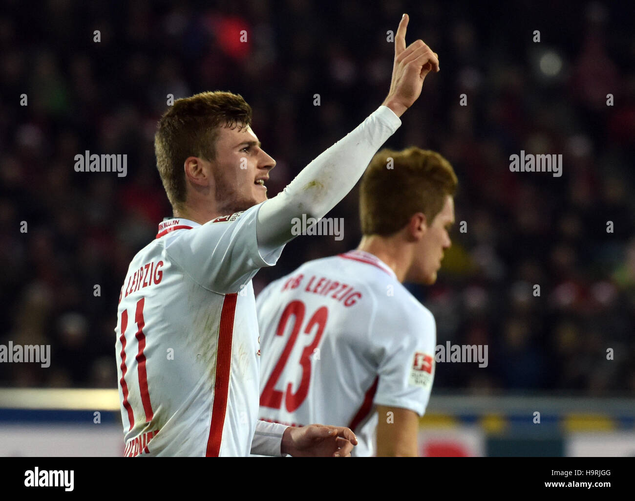 Leipzig's Timo Werner (L) celebrates after scoring a goal in the German ...