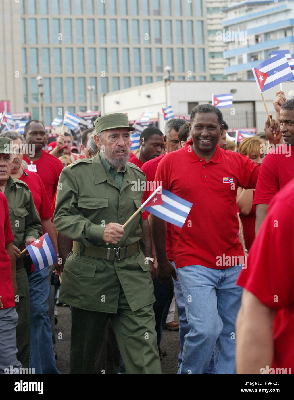 The Cuban Presiden Fidel Castro, march by the Avenue of the Malecon ...