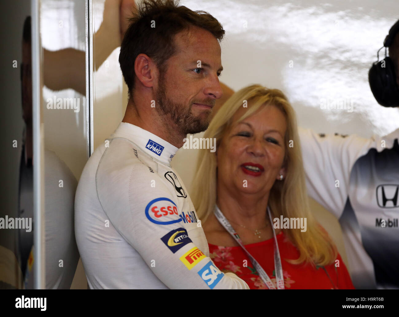 McLaren's Jenson Button and his mother Simone during practice at Yas ...