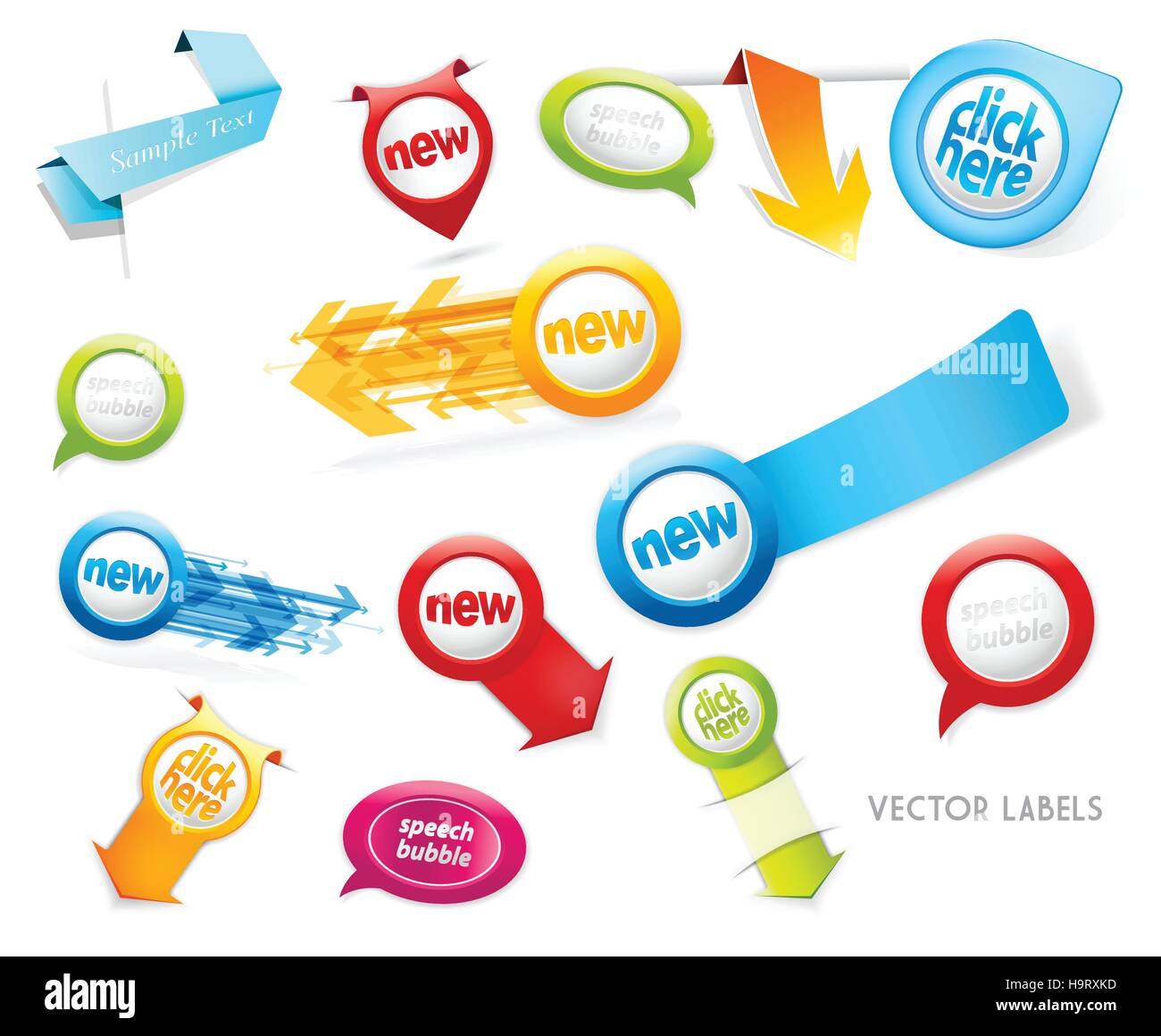 Set of colorful labels, badges, speech bubbles, pointing arrows on ...