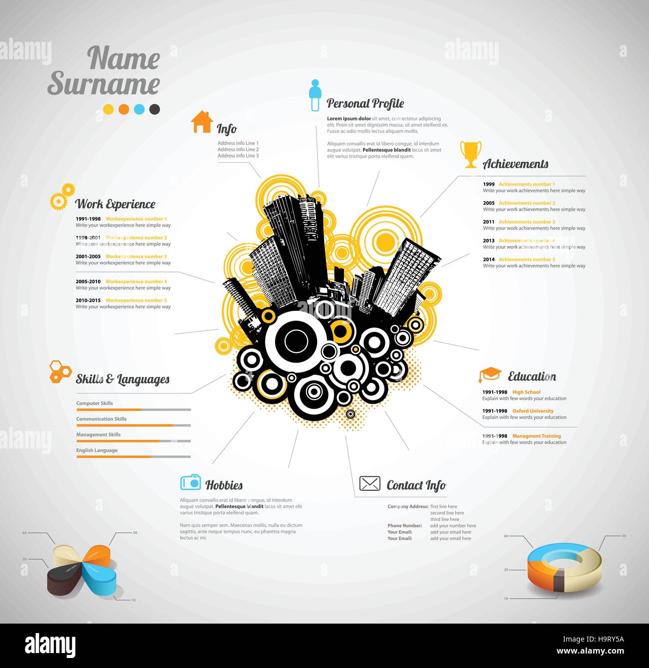 Creative, color rich Curriculum Vitae template with skyscrapers Stock ...
