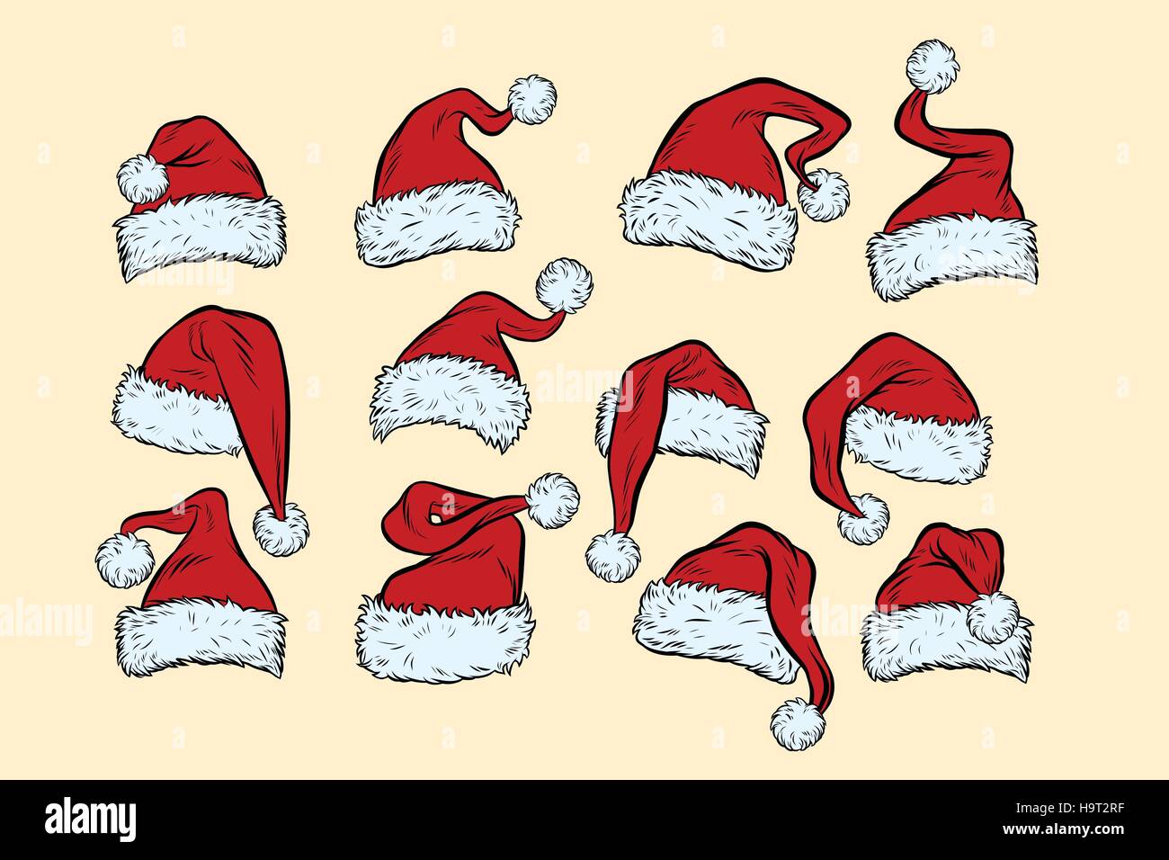 set hats Santa Claus Christmas collection, pop art retro comic book ...