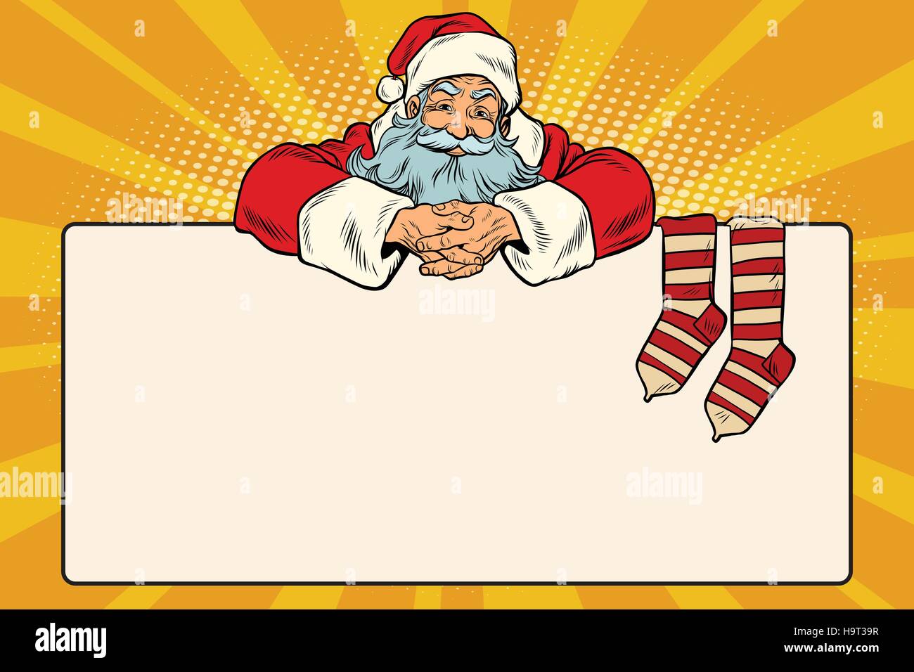 Santa Claus character Christmas socks for gifts. Banner copy space. pop ...