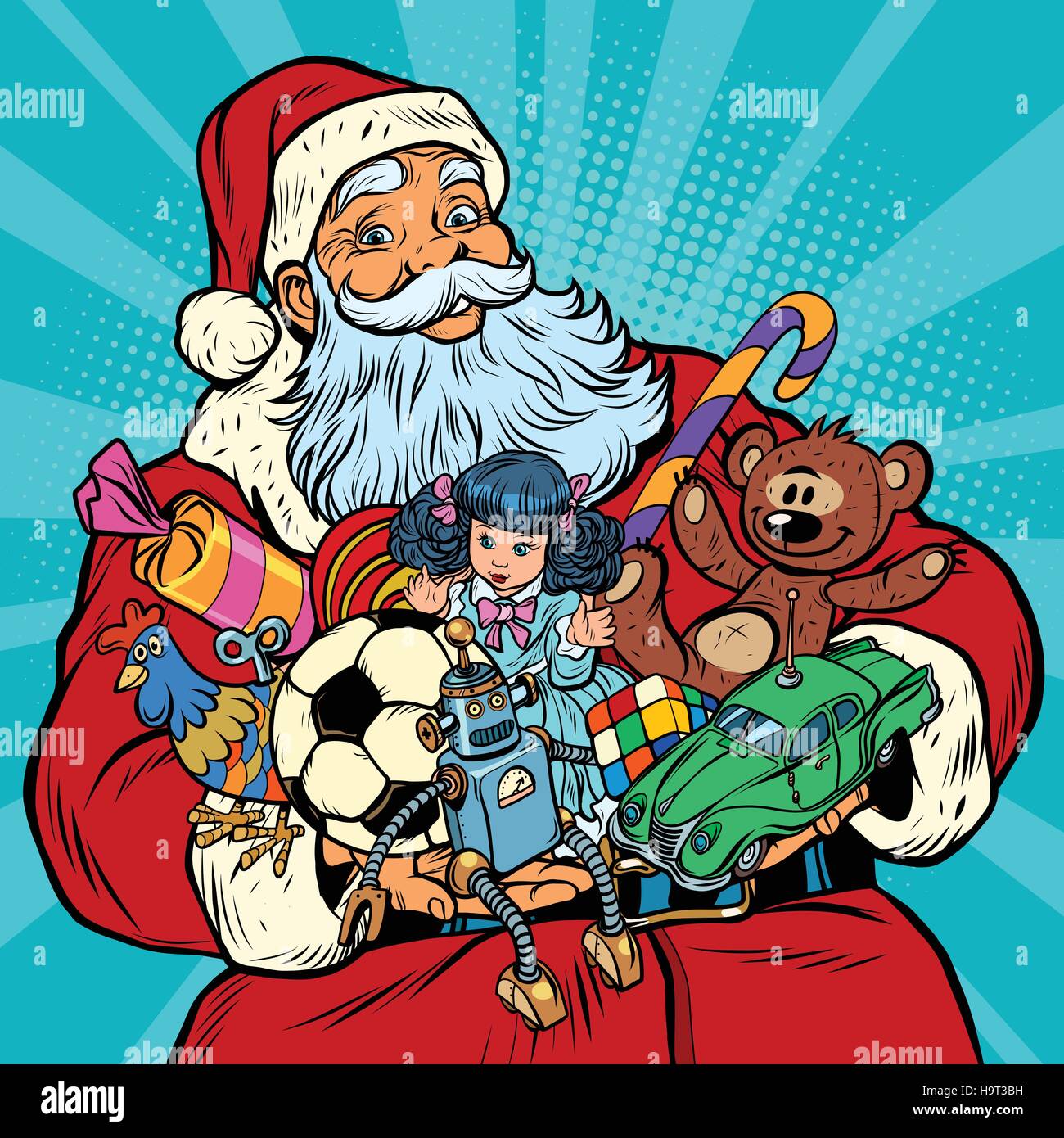 Santa Claus with gifts, rooster year, pop art retro vector illustration ...