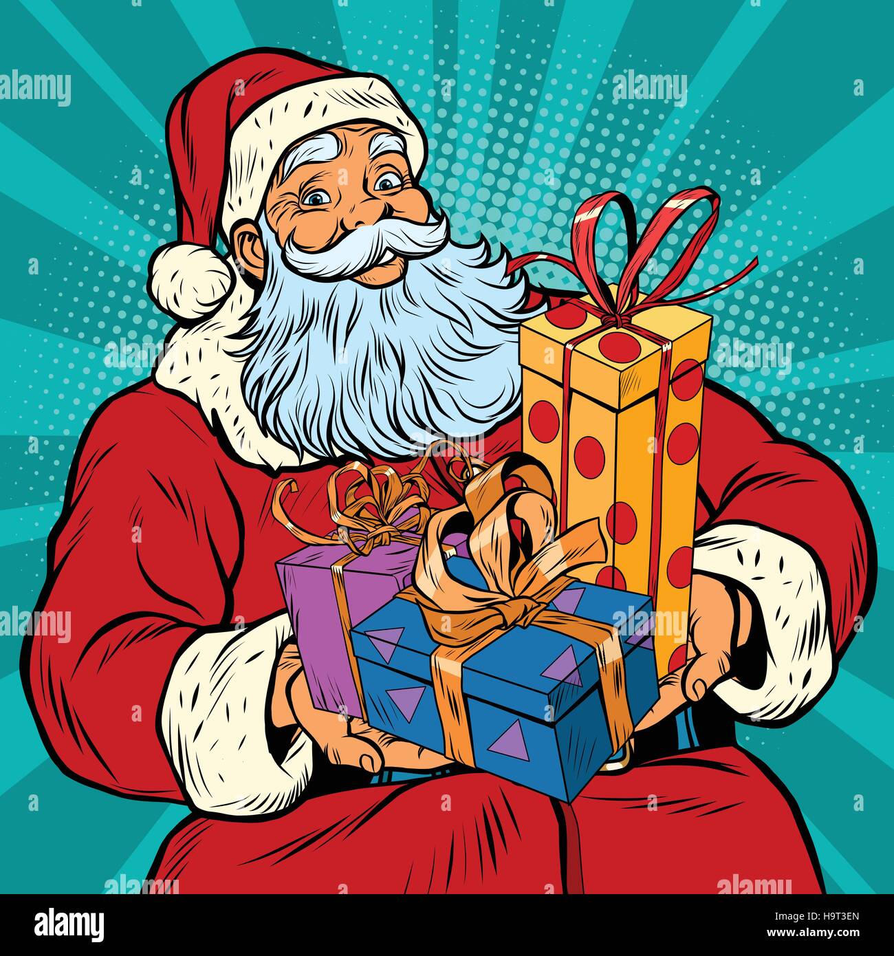 Santa Claus with Christmas gifts, pop art retro vector illustration ...