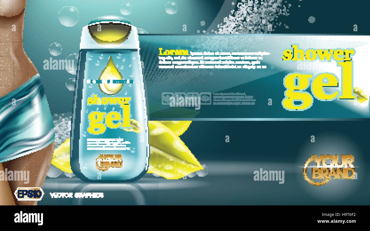 Digital vector aqua and yellow shower gel for women mockup on water ...