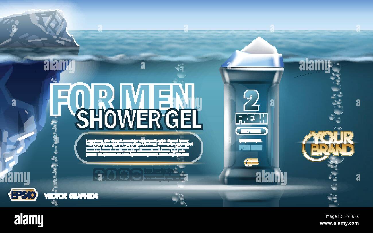 Digital vector blue shower gel for men mockup on water background with ...