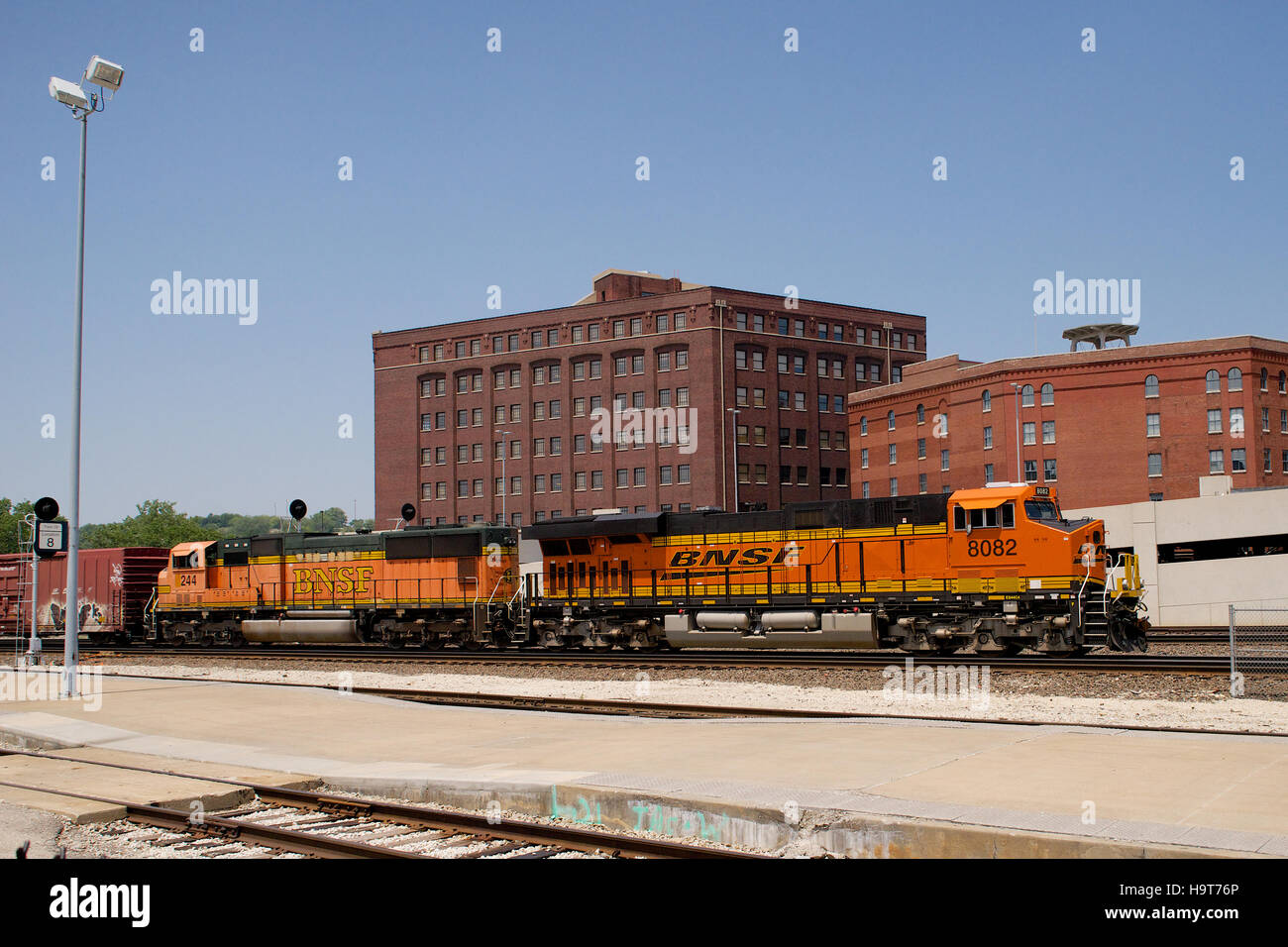 BNSF locomotives head a freight train through Union Station, Kansas ...