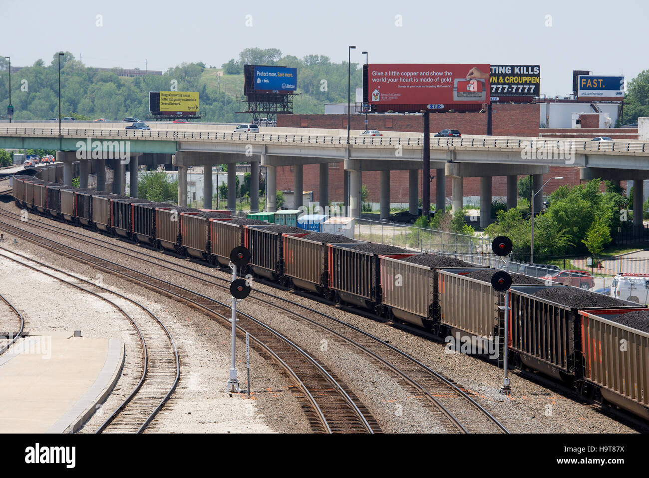 BNSF operated coal train passing through Kansas City, Union Station ...