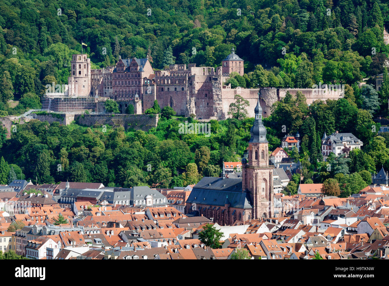 Historic centre with Church of the Holy Spirit and castle in Heidelberg ...