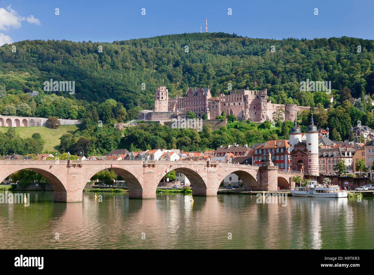 View of Karl Theodor Bridge and Gate over the Neckar River with castle ...