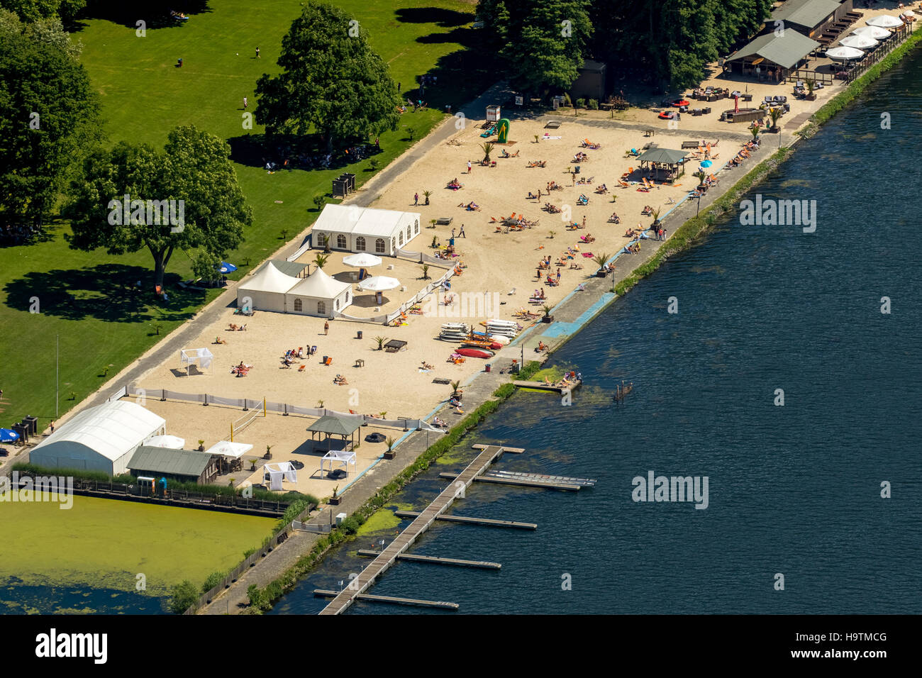 Aerial view, bathers, Seaside lido Baldeney, bathing, Essen, Ruhr ...