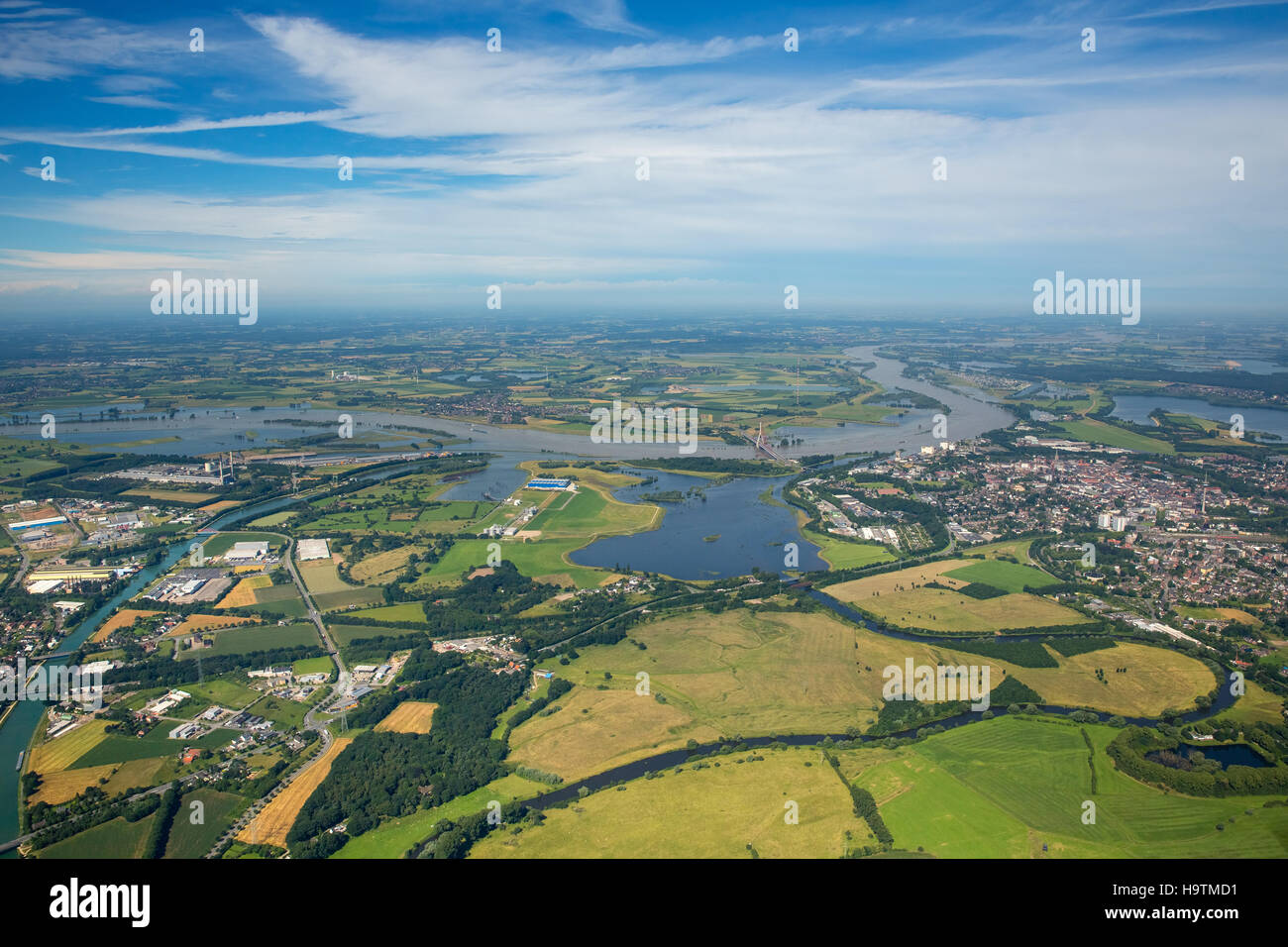 Aerial view, Rhine floods at the Lippe estuary, Niederrhein, North ...
